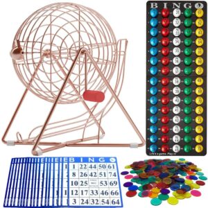 mr chips 11" (inch) tall professional bingo set with steel bingo cage, everlasting 7/8” bingo balls, 18 bingo cards and 300 bingo chips - rose gold color