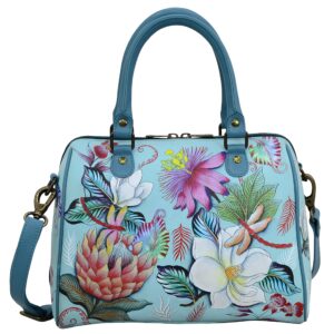 anuschka hand painted leather women's zip around classic satchel - jardin bleu