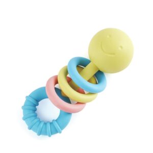 hape rattling rings teether | movable teething & rattle shake toy for babies, soft colors