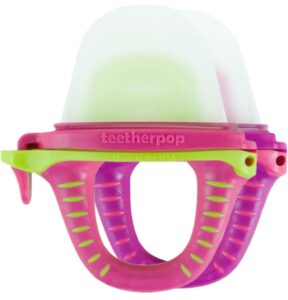 teetherpop fillable silicone teether for babies – cooling teething relief - breastmilk popsicle molds for teething with spill-proof sippy slits – pureed baby fruit feeder (pinklimon & fuchsia)