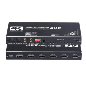 4k hdmi matrix switch, 4x2 hdmi matrix switcher splitter 4 in 2 out with edid extractor and ir remote control, support 4k hdr, hdmi 2.0b, hdcp 2.2 4k@60hz, 3d, 1080p