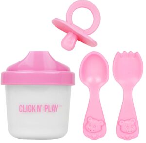 click n' play magic disappearing sippy cup & doll pacifier set, baby doll bottle with milk, accessories for kids ages 2-4, pink