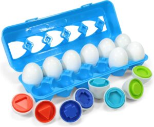 kidzlane sorting and matching educational egg toy - teach colors, shapes and fine motor skills - 12 sturdy eggs in plastic carton - 100% toddler and child safe 18m+