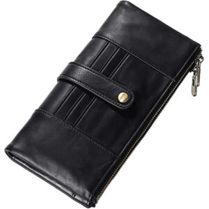 keleel womens rfid wallets slim cow leather large capacity bifold purse multi card case wallet with dual zipper pockets (black)