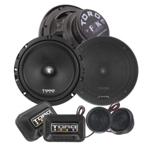 toro tech – f6k, 6.5 inch component car speaker set - 200 watt max / 100 watts rms, 13mm ferro fluid tweeters, 4 ohm, 1” ksv voice coils. two speakers, 2 tweeters, 2 crossovers, 2 grills(sold as pair)