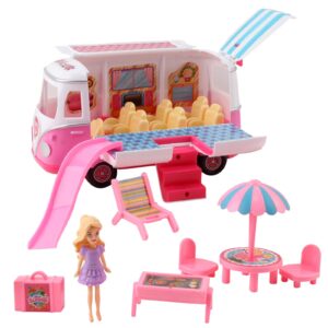 vokodo picnic adventure van with doll figurine includes slide patio furniture and wardrobe kids pretend play party bus cooking truck kitchen vogue toy fashion car vehicle great gift for girls children