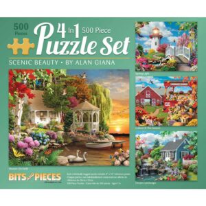 bits and pieces – 4-in-1 multi-pack - 500 piece jigsaw puzzles for adults – 500 pc large piece puzzle set bundle by artist alan giana - 16" x 20"