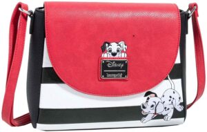 loungefly x disney 101 dalmatians striped faux leather crossbody bag (one size, black, white, red)