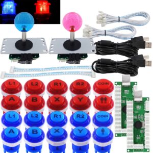 sj@jx arcade 2 player game controller stick diy kit led buttons with logo mx microswitch 8 way joystick usb encoder cable for pc mame raspberry pi red blue