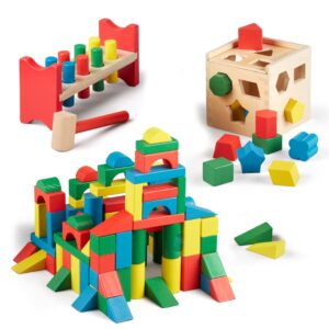 melissa & doug stack, sort & pound wooden toy collection (building blocks, shape sorter, pounding bench)