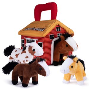 plush creations talking plush horse toys for kids. playset includes stable carrier with 4 cuddly interactive talking and neighing plush toy horses. best gift for girls or boys toddlers and babies