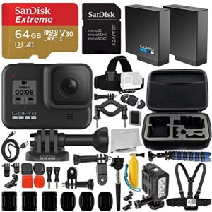 gopro hero8 hero 8 black action camera and deluxe accessory bundle - includes: sandisk extreme 64gb microsdhc memory card + premium hard case + underwater led light & much more