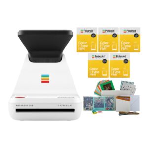 polaroid originals originals instant lab (white) with i-type color film bundle, focus camera film kit, and post card set with metallic pen (4 items)