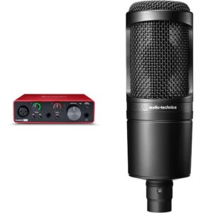 audio-technica at2020 cardioid condenser studio xlr microphone, black, ideal for project/home studio applications & focusrite scarlett solo (3rd gen) usb audio interface with pro tools | first