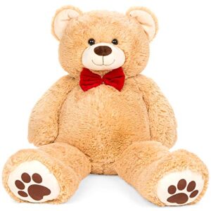 best choice products 35in giant super soft plush cuddly teddy bear stuffed animal toy for bedroom, kids playroom w/bow tie, footprints - brown