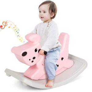 baby joy kids rocking horse,ride-on horse for toddlers with music & lights, hdep ride animal dog rocker for indoor & outdoor,boys & girls rocking toy for age 6 mons up (pink)