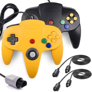 miadore 2-pack wired classic 64 controller bundle with 2 extension cords [1.8m/6ft ] compatible with n64 video game console (black and yellow)