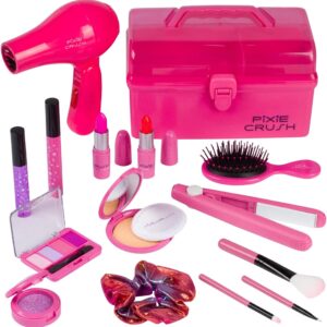 pixiecrush kids makeup kit for girls - with pretend hair dryer and flat iron - play hair styling kit for kids and little girls - ages 3, 4, 5, 6, 7, 8, 9, 10 - comes in a pink carrying case