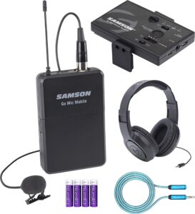 blucoil samson go mic mobile professional lavalier wireless system for mobile video bundle with samson sr350 over-ear stereo headphones, 6-ft headphone extension cable (3.5mm), and 4 aa batteries