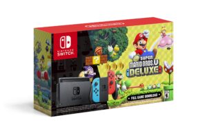 nintendo switch with neon blue and neon red joy-con + new super mario bros. u deluxe (full game download) - switch console