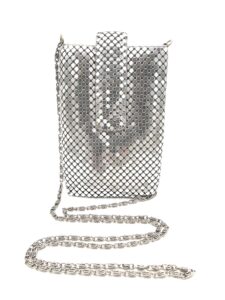 women's metal mesh small cell phone pouch bag case cross-body shoulder strap (silver)