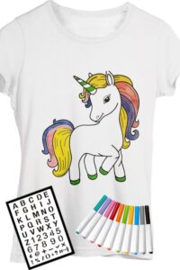 davinci in you unicorn coloring kit for girls - diy with shirt, 10 fabric markers and alphabet stencil