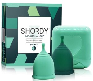 shordy reusable menstrual cup (small & large) set of 2 with box, medical grade silicone, copa menstruelle, period cup, heavy & light flow, feminine hygiene, tampons, pads & disc alternative for women