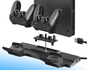 elecgear vertical charging stand for ps4, dual charging station charger dock for dualshock 4 controller with 4x mini dongle adapter and 2x usb port accessory kit for ps4, ps4 slim, ps4 pro