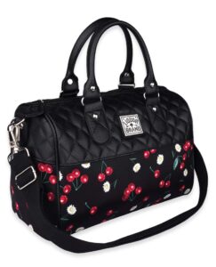 liquorbrand daisy cherry black women's bowler bag purse quilted faux leather handbag with adjustable shoulder strap