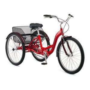 schwinn meridian adult tricycle bike, mens and womens three wheel beach cruiser, 26-inch wheels, low step-through frame, wide seat, rear folding basket, 1-speed, red