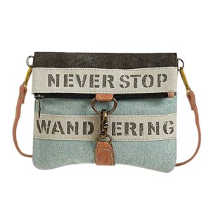 mona b. never stop wandering fold-over upcycled canvas crossbody bag with vegan leather trim m-5446