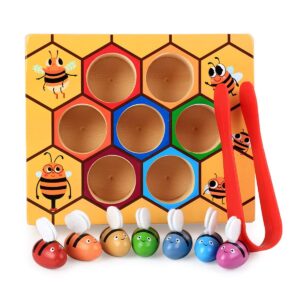 dalosdream toddler fine motor skill toy - clamp bee to hive matching game - montessori wooden color sorting puzzle early learning preschool educational kids toys for 3 4 years old boys and girls gift