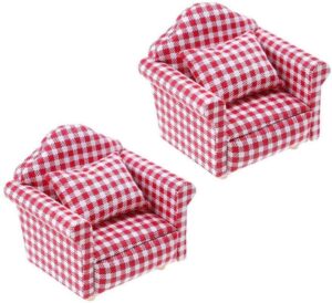 2 sets 1:12 scale diy dollhouse sofa&armchair with pillow mini dolls house furniture couch&chair miniature wooden furniture handmade crafts supplies red checkered dollhouse toy dollhouse accessories