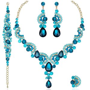 csy 4 pcs/sets elegant crystal necklace earrings bracelet ring bridal wedding costume jewelry sets for brides women gifts (gold plated-aquamarine)