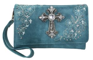 zzfab rhinestone cross embroidered floral western cross wallet turquoise