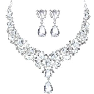 hicarer bridal teardrop cluster crystal jewelry set for women necklace earrings wedding (silver)