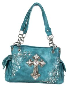 zzfab rhinestone cross embroidered floral western handbag turquoise