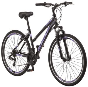 schwinn gtx 1.0 comfort adult hybrid bike for men and women, dual sport bicycle, 700c wheels, 17.5-inch step-through aluminum frame, 21-speed twist shifters, alloy linear pull brake, black