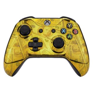 extremerate chrome gold 100 cash money dollar front housing shell case, glossy patterned faceplate cover replacement kit for xbox one s & one x controller (model 1708)