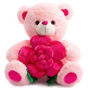 bejoy teddy bear stuffed animals plush bear holding rose soft plush toy valentine's day, 16 inch, pink