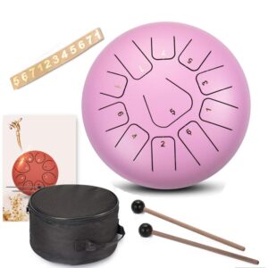 jldn steel tongue drum 11 notes, 12 inches hand pan drums with mallets bracket tonic sticker drum bag tank drum handpan drum percussion instrument for relax mind,pink