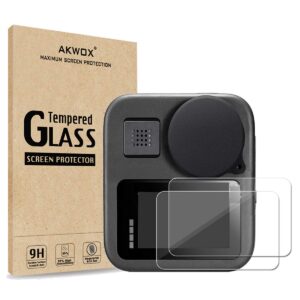 akwox [4 pack] tempered glass screen protector for gopro max action camera (2-pack) & lens cap cover (2-pack)