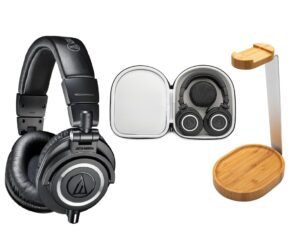 audio-technica ath-m50x studio headphones bundle with knox gear wooden stand and protective case (3 items)