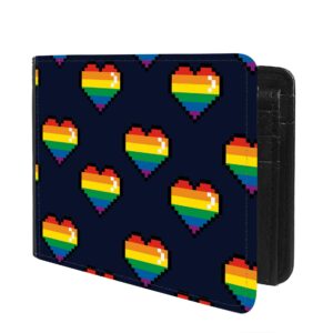 unique desige pattern - lgbt gay pride rainbow pixel hearts, slim front pocket wallet billfold rfid blocking