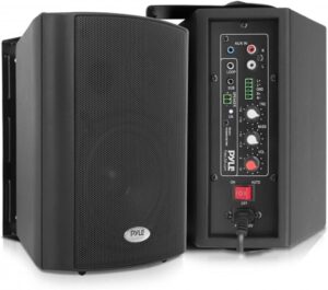 pyle wall mount home speaker system - active passive mountable bookshelf indoor studio garage patio stereo sound home theater speaker, wireless bluetooth speaker set w/ aux & rca - pdwr53btbk (black)