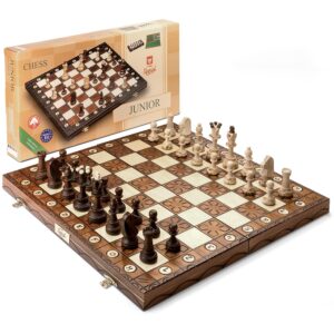 wegiel handmade junior european international chess set - 16 inch luxury wooden chess set for adults and kids, premium beech and birch wood - unique folding design with storage