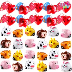 joyin 28 pack valentine day animals pull back vehicles for kids with gift cards and filled hearts, pull back & go car toy sets for toddlers kids valentine school classroom exchange, game prizes