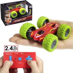 haktoys mini remote control stunt car for kids, rechargeable mini remote control double sided toy car, super fast all terrain awd vehicle