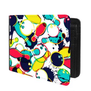 ztion unique desige pattern - bowling ball and pins on grunge splash background, slim front pocket wallet billfold rfid blocking