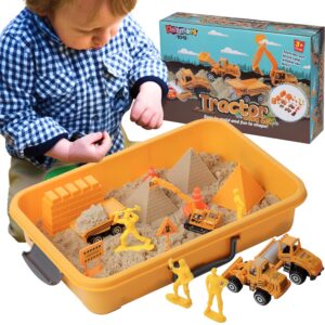 build me construction sandbox toys for kids with 2 lbs play sund, bulldozer, and figures -tractor sand playset - children toys 3-5 boys, farm sand play set, indoor sand toy, mini construction toys